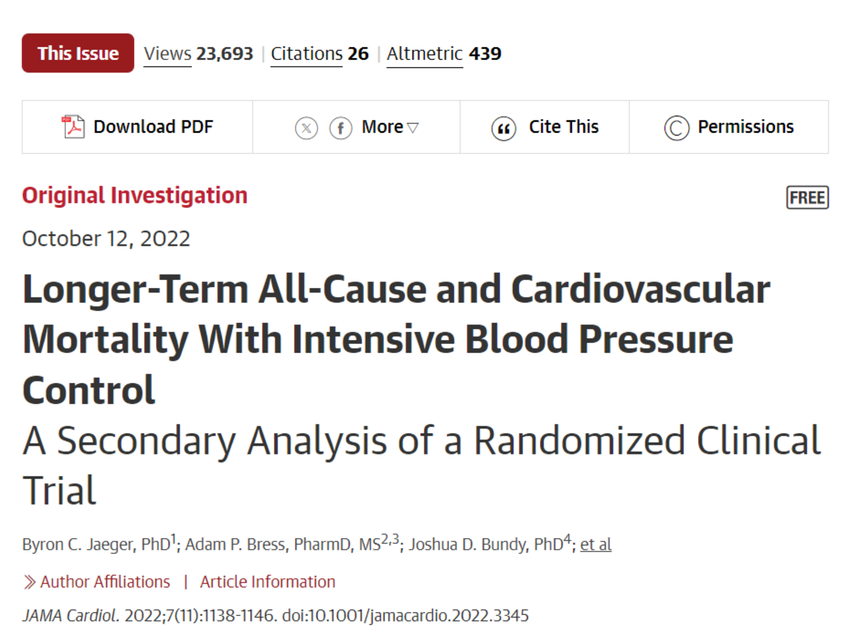 Longer Term All-Cause and Cardiovascular Mortality With Intensive Blood Pressure Control